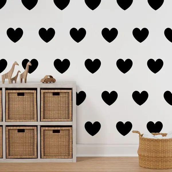 Spoonflower Black Hearts Kitsch Polka Fun Custom Pre-pasted Wallpaper