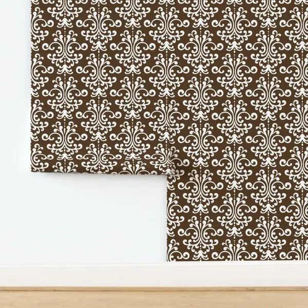 Spoonflower Damask Ornate Swirl Dark Brown Custom Pre-pasted Wallpaper - Brown,gray