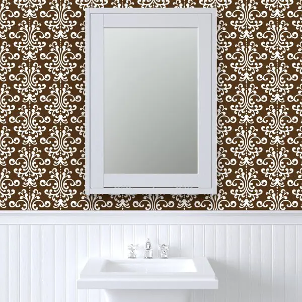 Spoonflower Damask Ornate Swirl Dark Brown Custom Pre-pasted Wallpaper - Brown,gray