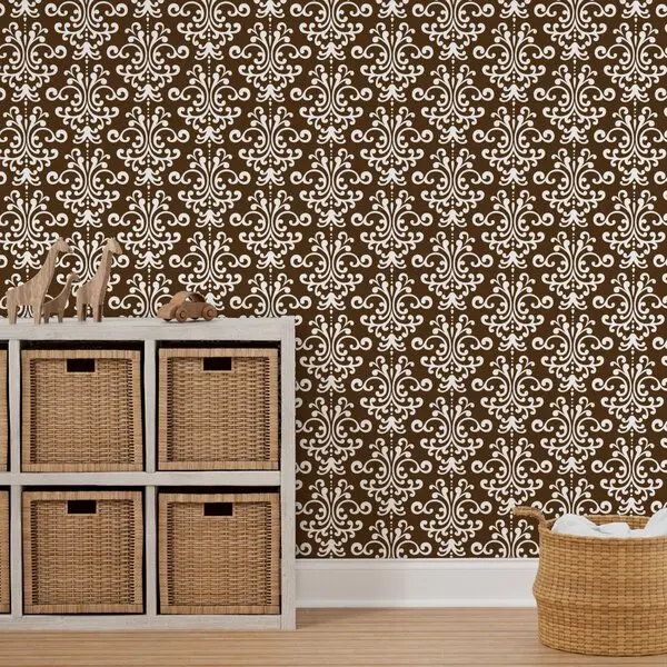 Spoonflower Damask Ornate Swirl Dark Brown Custom Pre-pasted Wallpaper - Brown,gray