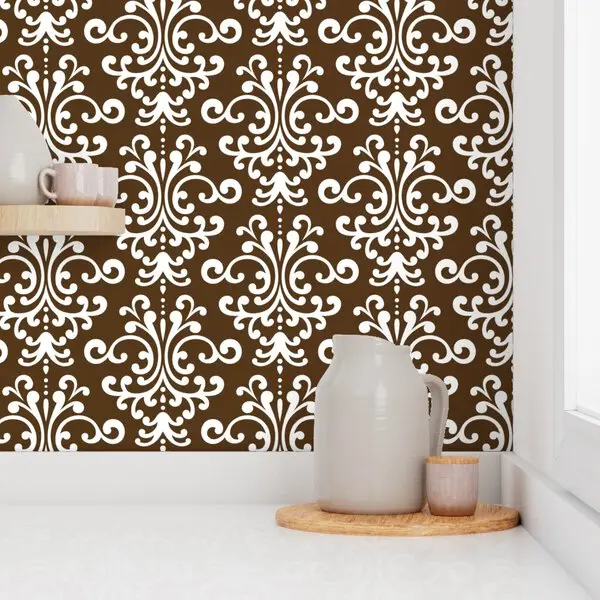 Spoonflower Damask Ornate Swirl Dark Brown Custom Pre-pasted Wallpaper - Brown,gray