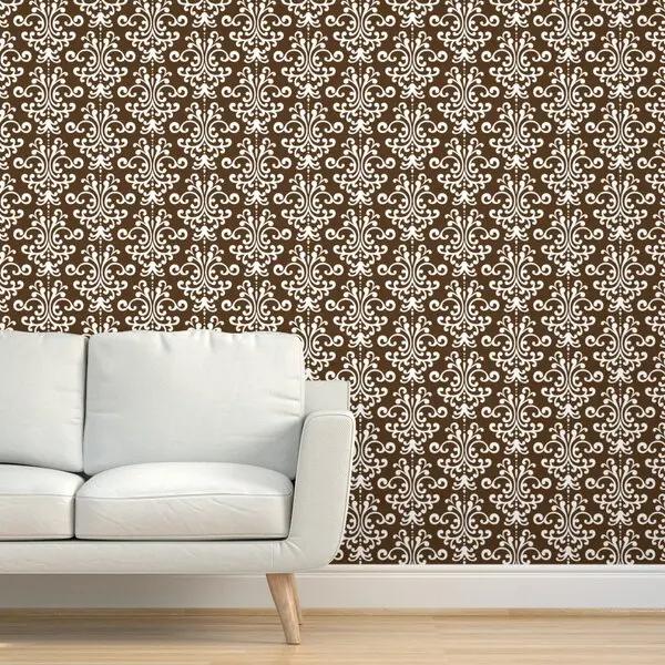 Spoonflower Damask Ornate Swirl Dark Brown Custom Pre-pasted Wallpaper - Brown,gray