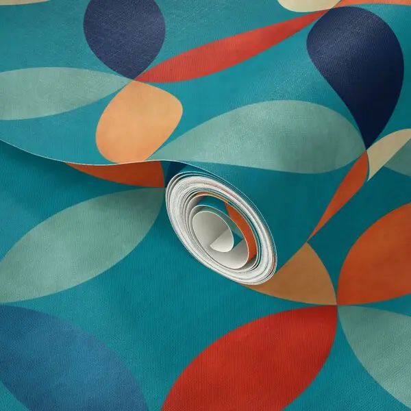 Spoonflower Retro Circles Orange Blue Vintage Geometric Custom Pre-pasted Wallpaper - Blue,orange,red