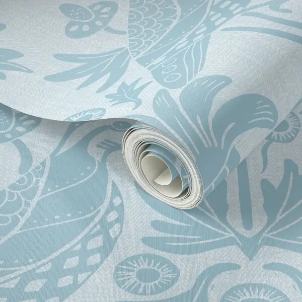 Spoonflower Thistle Light Blue Medium Damask Arts North Traditional Wallpaper - Blue,teal