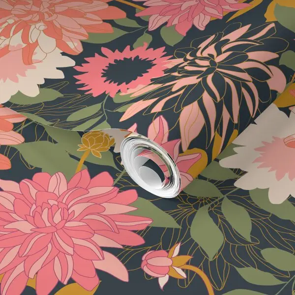 Spoonflower Flower Retro Look Summer Dahlia Garden Floral Custom Removable Wallpaper - Pink,green,gray