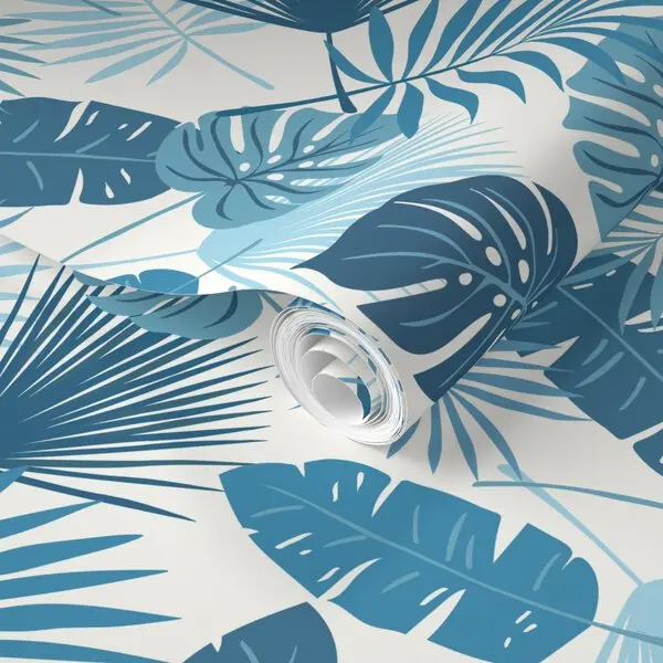 Spoonflower Cream Blue Leaves Teal Leaf Palm Summer Custom Removable Wallpaper - Blue,gray