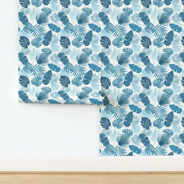 Spoonflower Cream Blue Leaves Teal Leaf Palm Summer Custom Removable Wallpaper - Blue,gray
