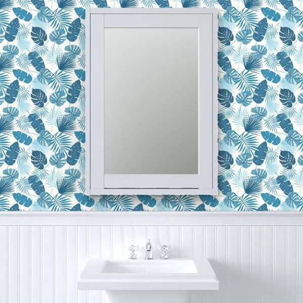 Spoonflower Cream Blue Leaves Teal Leaf Palm Summer Custom Removable Wallpaper - Blue,gray