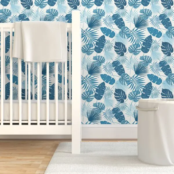 Spoonflower Cream Blue Leaves Teal Leaf Palm Summer Custom Removable Wallpaper - Blue,gray
