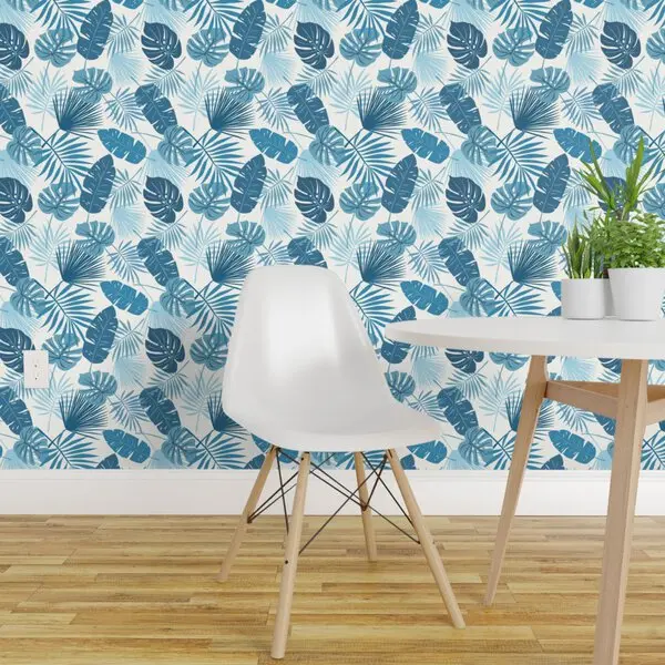 Spoonflower Cream Blue Leaves Teal Leaf Palm Summer Custom Removable Wallpaper - Blue,gray