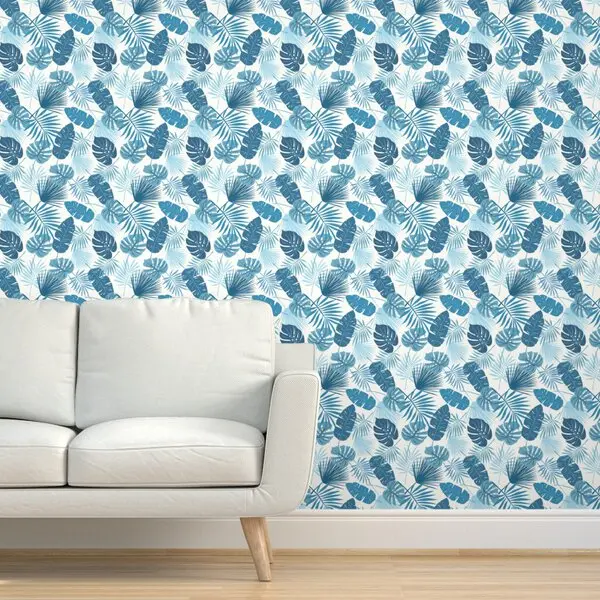 Spoonflower Cream Blue Leaves Teal Leaf Palm Summer Custom Removable Wallpaper - Blue,gray