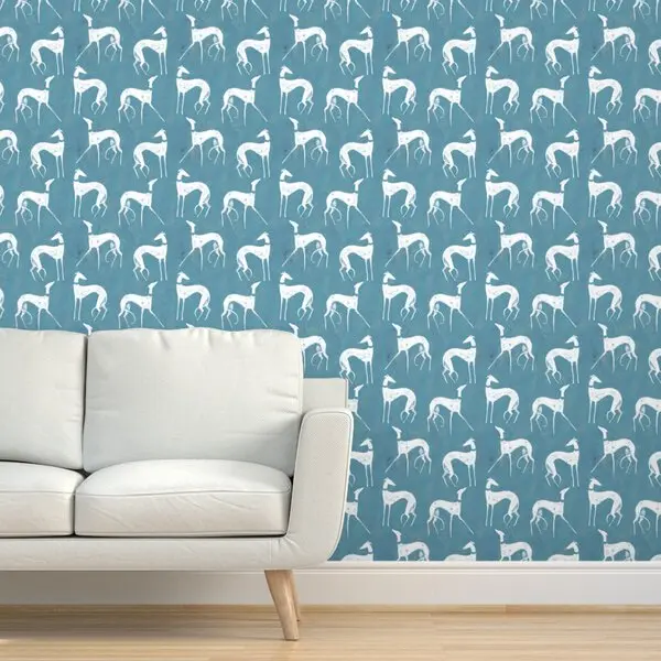 Spoonflower Dog Greyhound Whippet Hound Sighthound Hund Galgo Custom Pre-pasted Wallpaper - Gray,blue