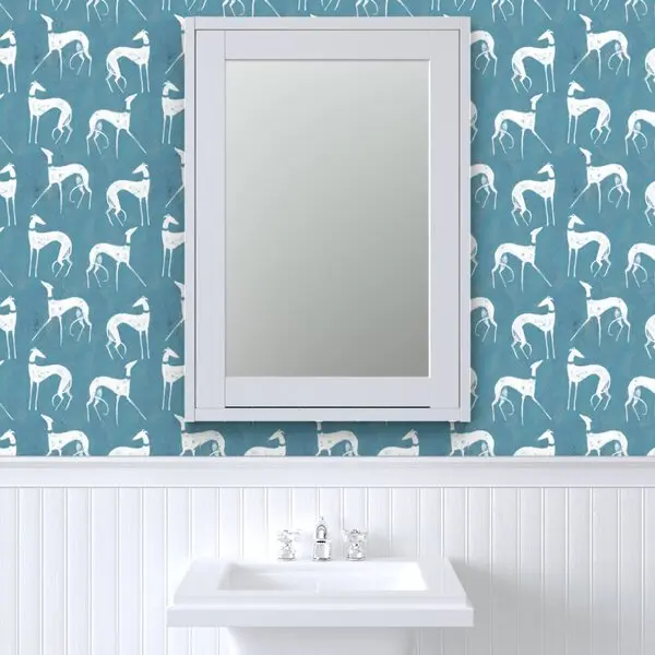 Spoonflower Dog Greyhound Whippet Hound Sighthound Hund Galgo Custom Pre-pasted Wallpaper - Gray,blue