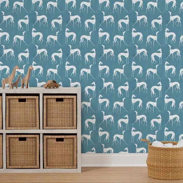 Spoonflower Dog Greyhound Whippet Hound Sighthound Hund Galgo Custom Pre-pasted Wallpaper - Gray,blue