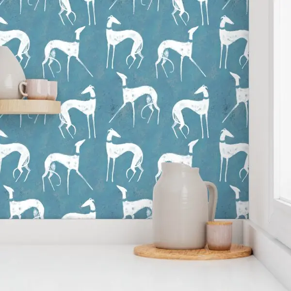Spoonflower Dog Greyhound Whippet Hound Sighthound Hund Galgo Custom Pre-pasted Wallpaper - Gray,blue