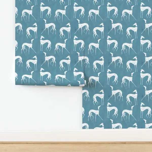 Spoonflower Dog Greyhound Whippet Hound Sighthound Hund Galgo Custom Pre-pasted Wallpaper - Gray,blue
