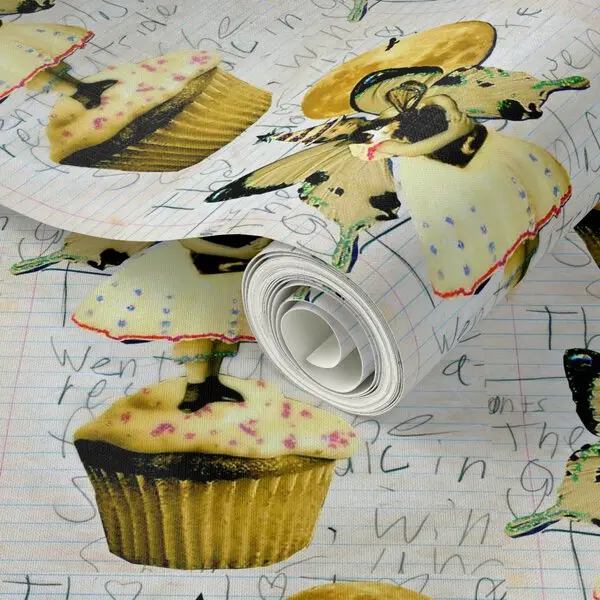 Spoonflower Ornament Fairy Collage Cupcakes Entry Traditional Wallpaper - Gray,black,green