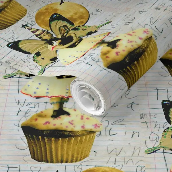Spoonflower Ornament Fairy Collage Cupcakes Entry Traditional Wallpaper - Gray,black,green