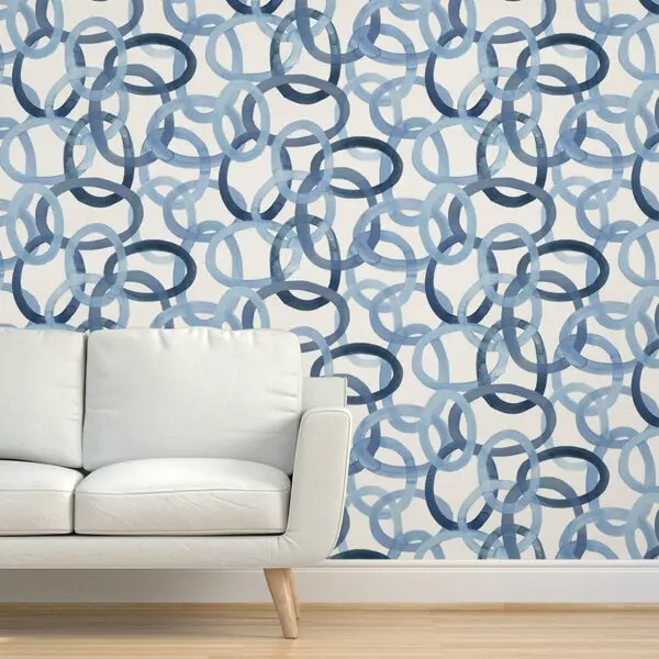 Spoonflower Mimi Circles Navy Blue Cream 100% Natural Sisal Grasscloth Wallcovering