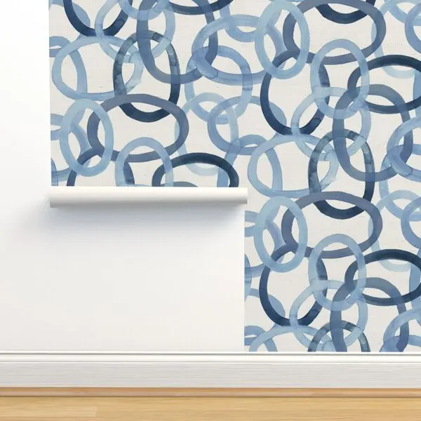Spoonflower Mimi Circles Navy Blue Cream 100% Natural Sisal Grasscloth Wallcovering