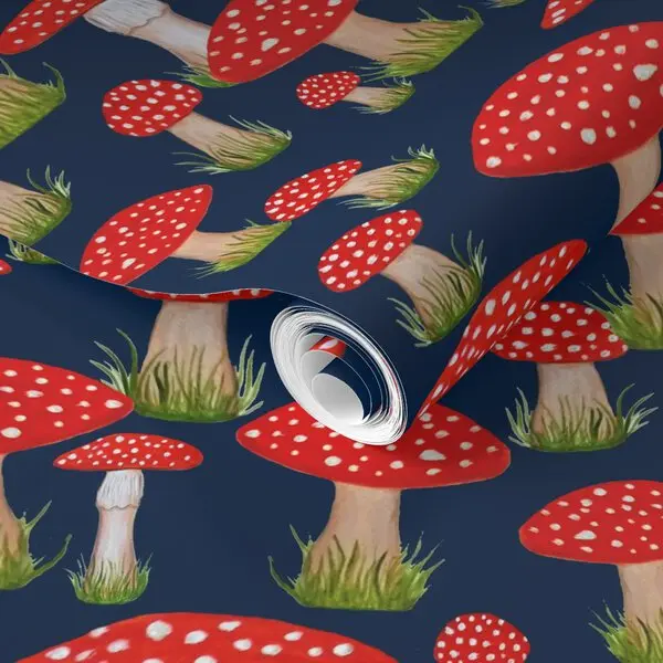 Spoonflower Red Mushrooms On Navy Blue Traditional Wallpaper - Blue,red,brown