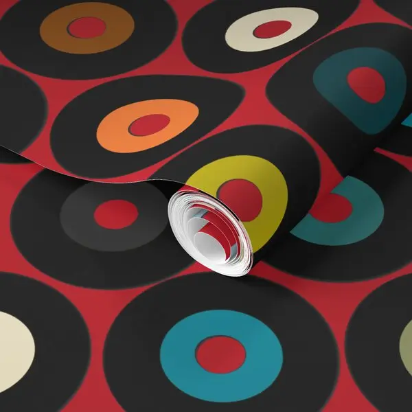 Spoonflower Records Music Retro Vintage Bright Multicolor Custom Pre-pasted Wallpaper - Red,black,beige