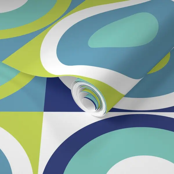 Spoonflower Blue Circles Fashion Circle Retro Geometric Custom Pre-pasted Wallpaper - Blue,green