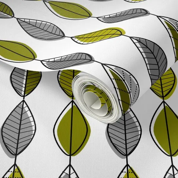 Spoonflower Leaves Leaf Pattern Mid Century Modern Retro Custom Removable Wallpaper - Gray,brown,green