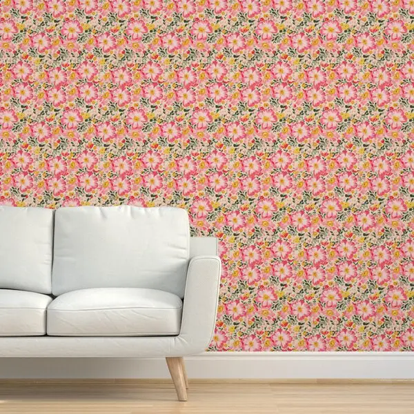 Spoonflower Yellow And Peonies 100% Natural Sisal Grasscloth Wallcovering - Pink