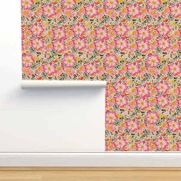 Spoonflower Yellow And Peonies 100% Natural Sisal Grasscloth Wallcovering - Pink