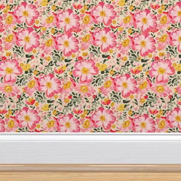 Spoonflower Yellow And Peonies 100% Natural Sisal Grasscloth Wallcovering - Pink
