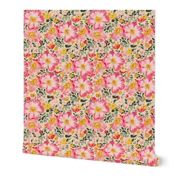 Spoonflower Yellow And Peonies 100% Natural Sisal Grasscloth Wallcovering - Pink