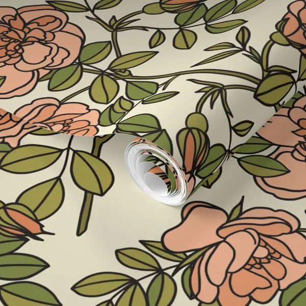 Spoonflower Flowers Leaves Floral Garden Roses Pink Olive Custom Pre-pasted Wallpaper - Black,beige,brown
