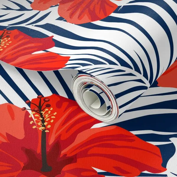 Spoonflower Hawaii Red Hibiscus Flowers Floral Tropical Blue Custom Pre-pasted Wallpaper - Red,blue,gray