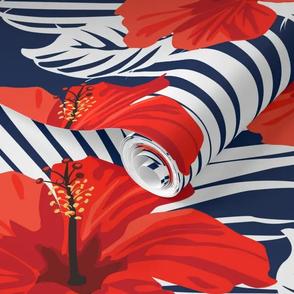 Spoonflower Hawaii Red Hibiscus Flowers Floral Tropical Blue Custom Removable Wallpaper - Red,blue,gray