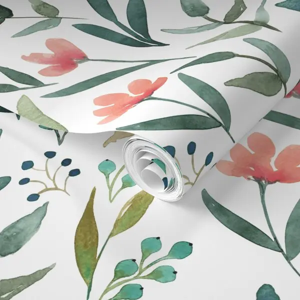 Spoonflower Floral Watercolor Modern Garden Flower Botanical Traditional Wallpaper - White,green,gray