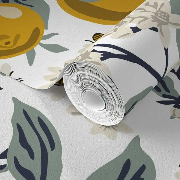 Spoonflower Bees Lemons White Blue Leaves Nature Citrus Custom Pre-pasted Wallpaper - White,gold,sage