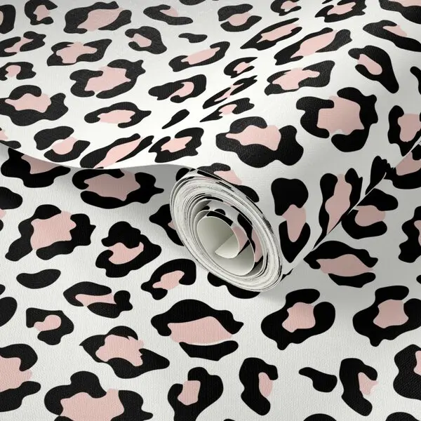 Spoonflower Small Leopard Pink Animal Print Black Blush Traditional Wallpaper - White,black,gray