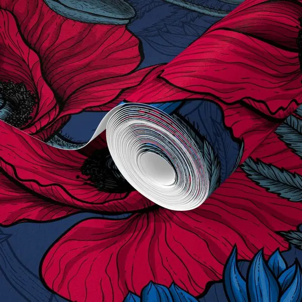 Spoonflower Red Poppies Blue Cornflowers Flower Leaves Floral Custom Pre-pasted Wallpaper - Red,blue