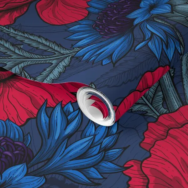 Spoonflower Red Poppies Blue Cornflowers Flower Leaves Floral Custom Pre-pasted Wallpaper - Red,blue