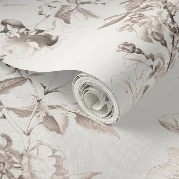 Spoonflower English Rose Sepia Floral Victorian Neutral Custom Removable Wallpaper - Gray,brown