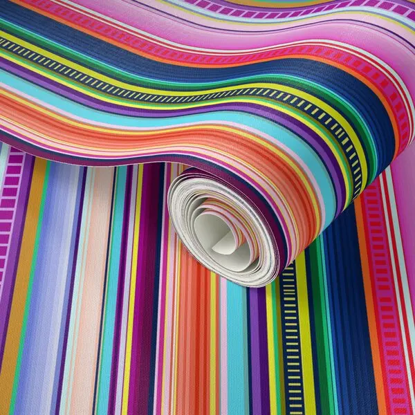 Spoonflower Multicolor Mexican Inspired Stripe Cinco Custom Removable Wallpaper - Rainbow