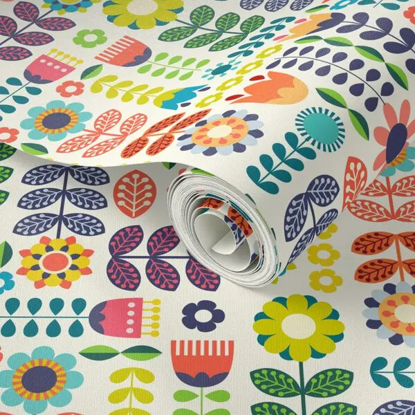 Spoonflower Swedish Folk Art European Flower Custom Removable Wallpaper - Rainbow