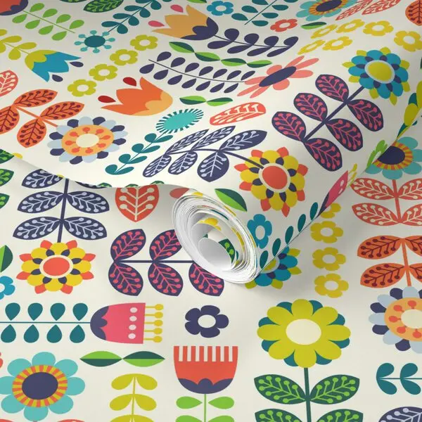 Spoonflower Swedish Folk Art European Flower Custom Removable Wallpaper - Rainbow
