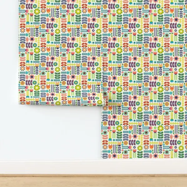 Spoonflower Swedish Folk Art European Flower Custom Removable Wallpaper - Rainbow