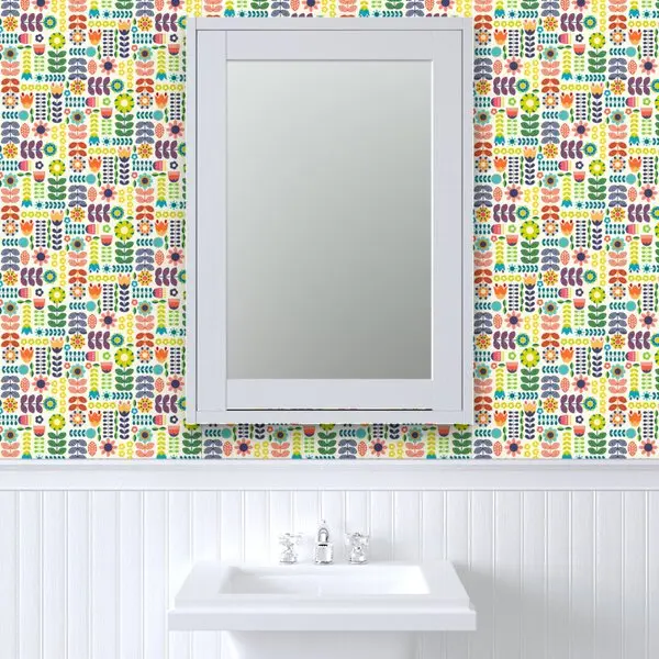 Spoonflower Swedish Folk Art European Flower Custom Removable Wallpaper - Rainbow