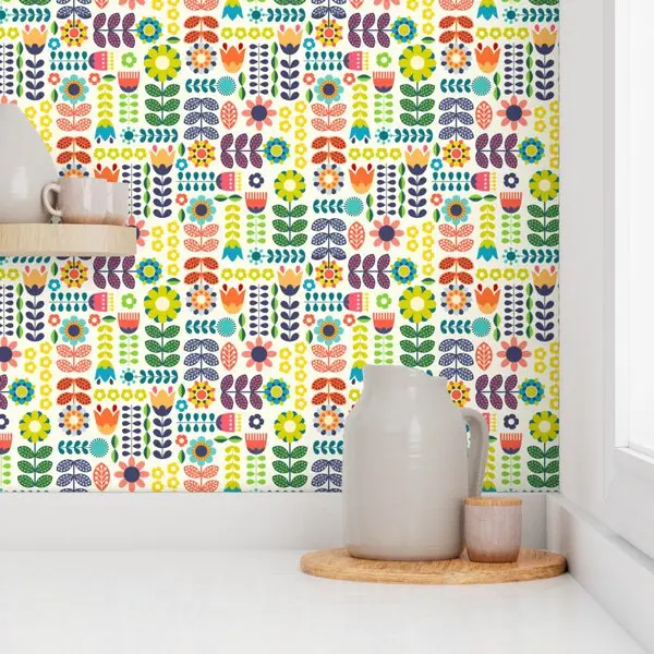 Spoonflower Swedish Folk Art European Flower Custom Removable Wallpaper - Rainbow