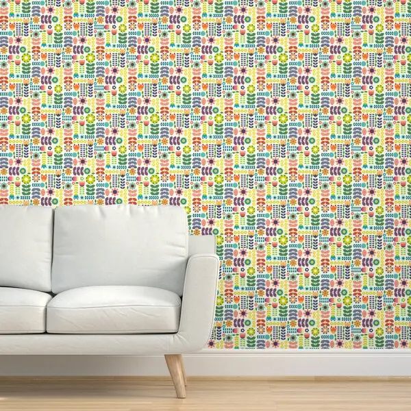 Spoonflower Swedish Folk Art European Flower Custom Removable Wallpaper - Rainbow