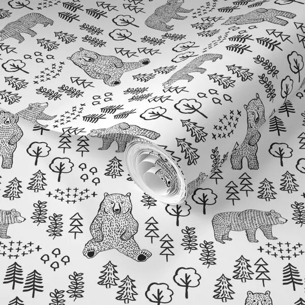 Spoonflower Woodland Tees Bear Black And White Custom Pre-pasted Wallpaper - Black,white,gray