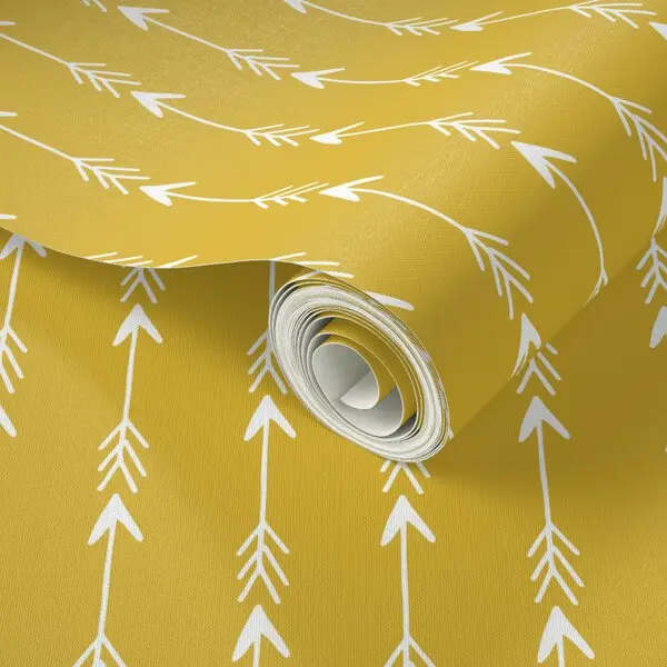 Spoonflower Arrows Mustard Gold Boho Hippie Stripes Custom Removable Wallpaper - Yellow,white,brown